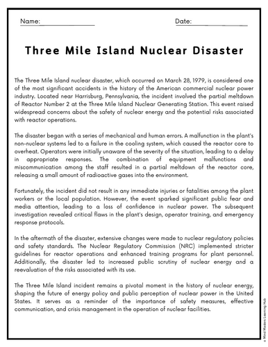Three Mile Island Nuclear Disaster Reading Comprehension Passages ...