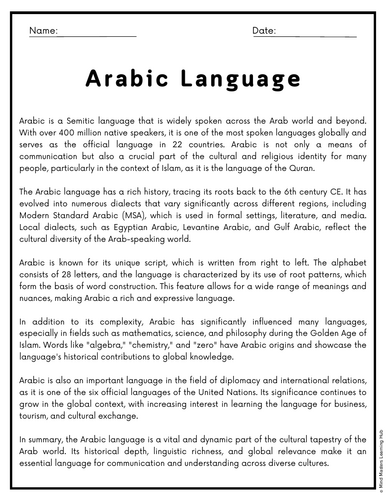 Arabic Language Reading Comprehension Passages & Questions Worksheets ...