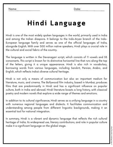 Hindi Language Reading Comprehension Passages & Questions Worksheets ...