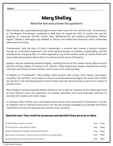 Mary Shelley Reading Comprehension Passages & Questions Worksheets ...