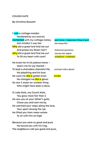 "Cousin Kate" Christina Rossetti: Level 9/ A*GCSE English Literature ...