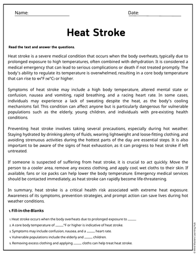 Heat Stroke Reading Comprehension Passages & Questions Worksheets ...