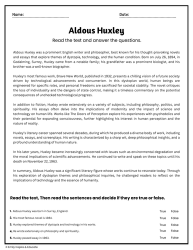 Aldous Huxley Reading Comprehension Passages & Questions Worksheets ...