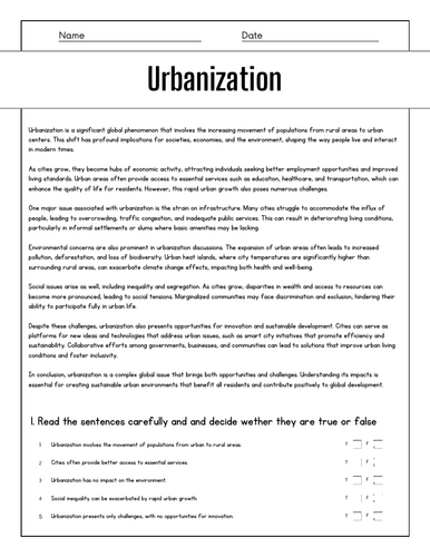 Urbanization: Reading Comprehension Passages & Questions Worksheets ...