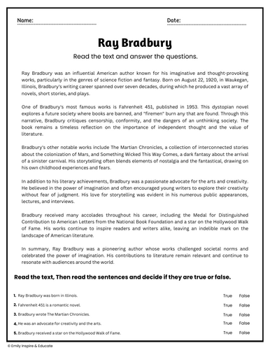 Ray Bradbury Reading Comprehension Passages & Questions Worksheets ...