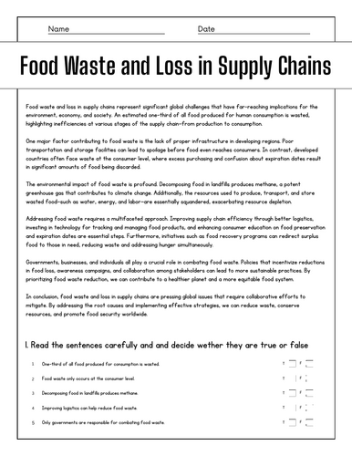 Food Waste and Loss in Supply Chains: Reading Comprehension Passages ...