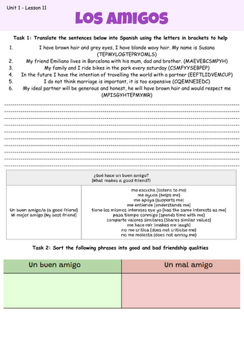 AQA GCSE Unit 1 Spanish - Lesson 11 Los amigos | Teaching Resources