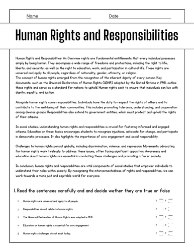 Human Rights and Responsibilities: Reading Comprehension Passages ...