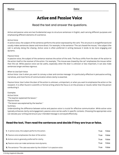 Active and Passive Voice Reading Comprehension Passages & Questions ...