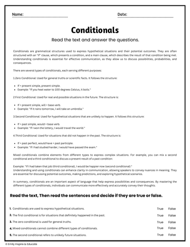 Conditionals Reading Comprehension Passages & Questions Worksheets ...