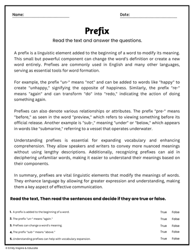 Prefix Reading Comprehension Passages & Questions Worksheets | Teaching ...