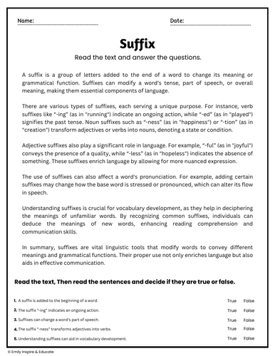 Suffix Reading Comprehension Passages & Questions Worksheets | Teaching ...