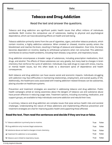 Tobacco and Drug Addiction Reading Comprehension Passages & Questions ...
