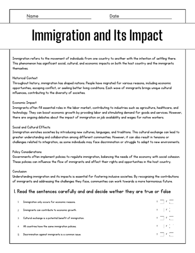 Immigration and Its Impact: Reading Comprehension Passages & Questions ...