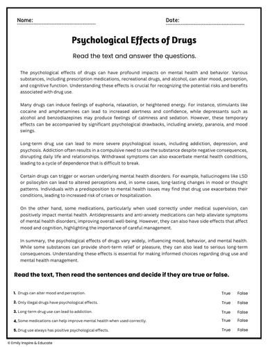 Psychological Effects of Drugs Reading Comprehension Passages ...