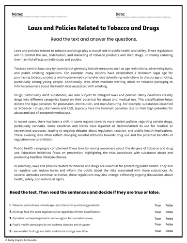 Laws and Policies Related to Tobacco and Drugs Reading Comprehension ...