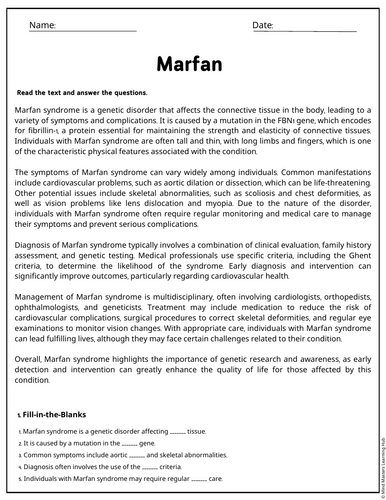Marfan Syndrome Reading Comprehension Passages & Questions Worksheets ...