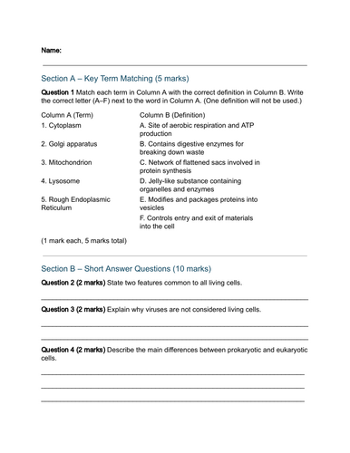 OCR AAQ Applied Science: Biology Unit 1.1 Test | Teaching Resources