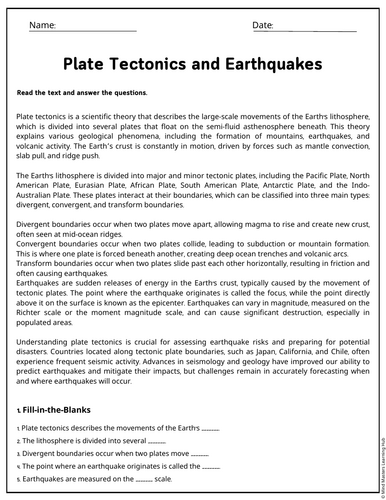 Plate Tectonics and Earthquakes Reading Comprehension Passages ...