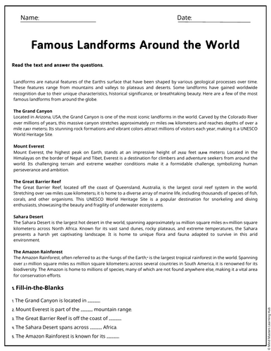 Famous Landforms Around the World Reading Comprehension Passages ...
