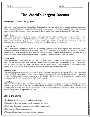 The World’s Largest Oceans Reading Comprehension Passages & Questions ...