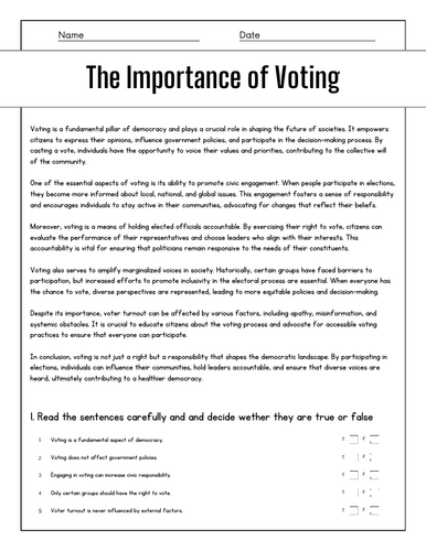 The Importance of Voting: Reading Comprehension Passages & Questions ...