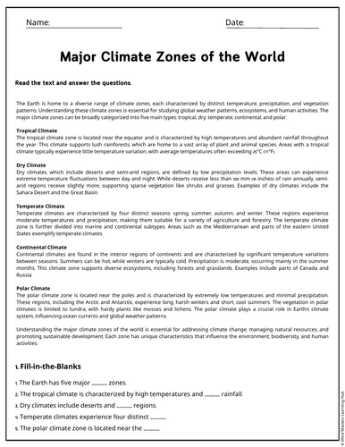 Major Climate Zones of the World Reading Comprehension Passages ...