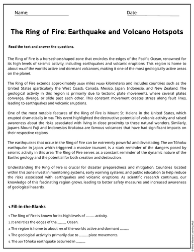 The Ring of Fire: Earthquake and Volcano Hotspots Reading Comprehension ...