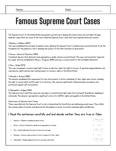 Famous Supreme Court Cases: Reading Comprehension Passages & Questions ...