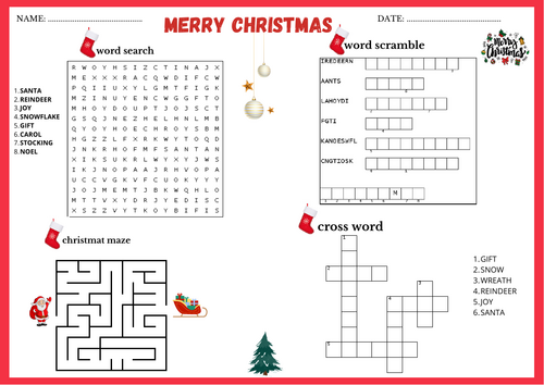 Merry Christmas Fun Word Search, Scramble, Maze & Crossword activity ...