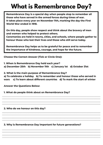 Remembrance Day Literacy sheets | KS1–KS2 Comprehension Worksheets ...