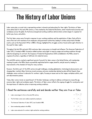 The History of Labor Unions: Reading Comprehension Passages & Questions ...