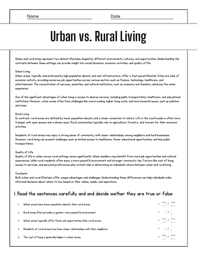 Urban vs. Rural Living: Reading Comprehension Passages & Questions ...