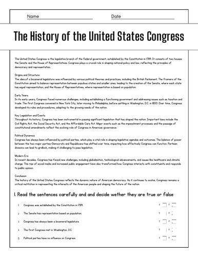 The History of the United States Congress: Reading Comprehension ...