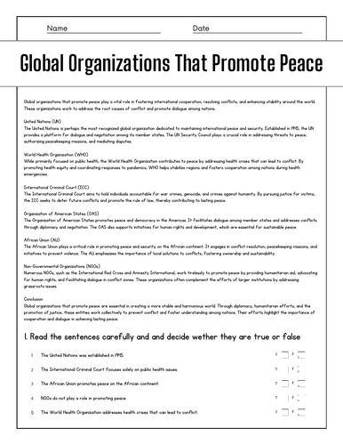Global Organizations That Promote Peace: Reading Comprehension Passages ...