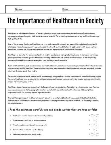 The Importance of Healthcare in Society: Reading Comprehension Passages ...