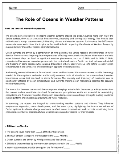 The Role of Oceans in Weather Patterns Reading Comprehension Passages ...