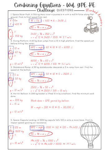 Combining equations Work done, GPE, KE - Physics equation worksheet ...