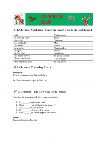 French Christmas Worksheet For Year 7 & 8 | Teaching Resources