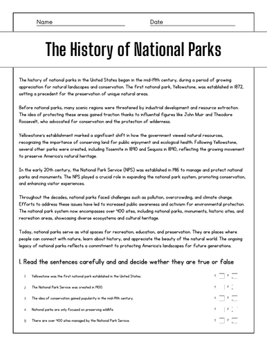 The History of National Parks: Reading Comprehension Passages ...