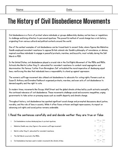The History of Civil Disobedience Movements: Reading Comprehension ...