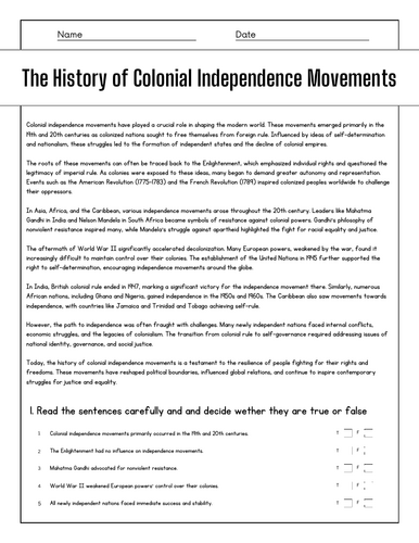 The History of Colonial Independence Movements: Reading Comprehension ...