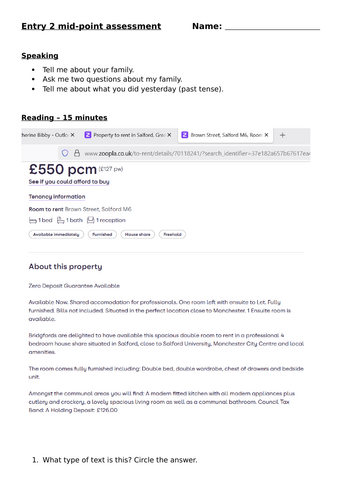 ESOL Entry 2 mid-point assessment | Teaching Resources