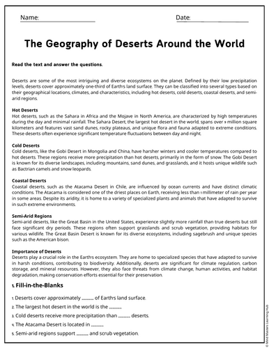 The Geography of Deserts Around the World Reading Comprehension ...