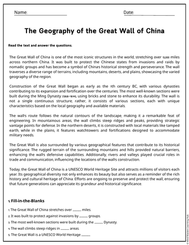 The Geography of the Great Wall of China Reading Comprehension Passages ...