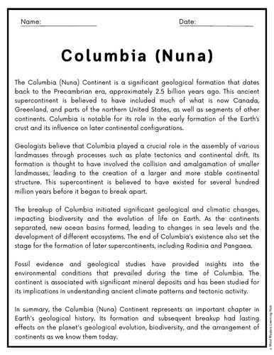Columbia (Nuna) Continent Reading Comprehension Passages & Questions ...