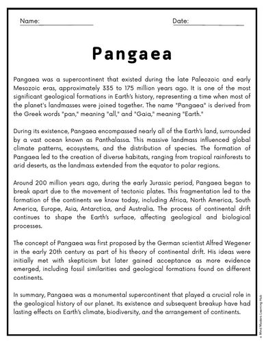 Pangaea Continent Reading Comprehension Passages & Questions Worksheets ...