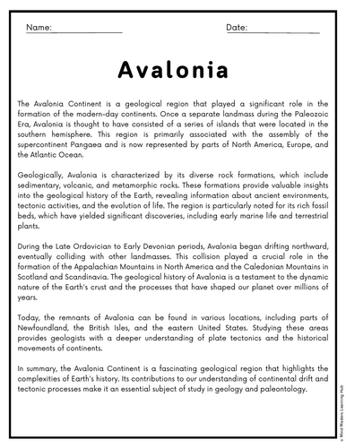 Avalonia Continent Reading Comprehension Passages & Questions ...