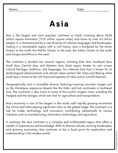 Asia Continent Reading Comprehension Passages & Questions Worksheets ...