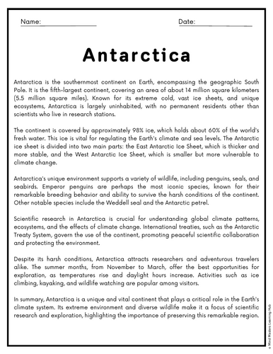 Antarctica Continent Reading Comprehension Passages & Questions ...